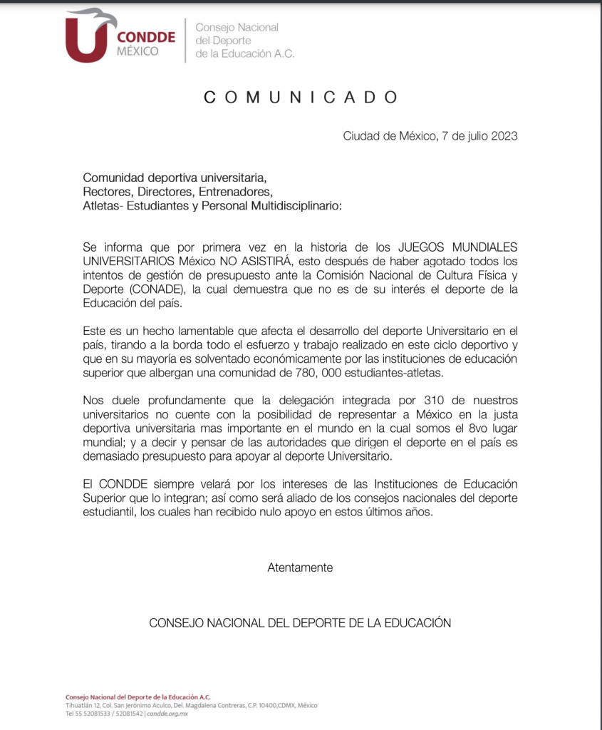 Por 1ra vez en la historia, México no va a Juegos Mundiales Universitarios por falta de apoyo de ...